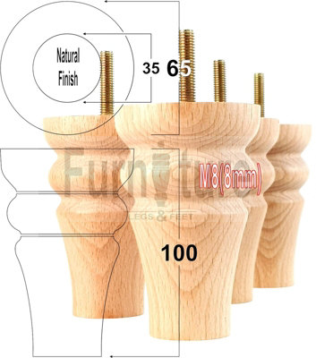 4 Turned Solid Wood Furniture Legs Replacement Settee Feet 100mm High ...