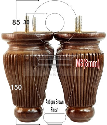 4 Turned Solid Wood Furniture Legs Replacement Settee Feet 150mm High ...