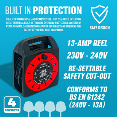 4 Way 20M Extension Reel Heavy Duty Cassette Lead Cable Mains Socket ...