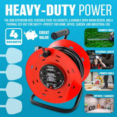 4 Way 50m Extension Reel Heavy Duty Open Drum Reel Lead Gang Mains ...