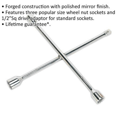 4-Way Forged Wheel Brace - 17mm 19mm 21mm and 1/2" Square Drive Sockets ...