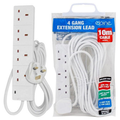 4 Way Gang 10M Extension Lead Mains Uk Cable 13 Amp Socket Power Home ...