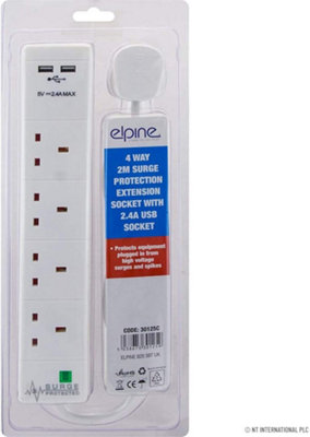 4 Way Gang 2m Extension Lead Uk Cable Socket Usb Power Wire Surge ...