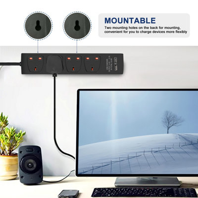 4 Way Socket with Cable 3G1.25,3M,Black,with 2 USB Charger,Child ...