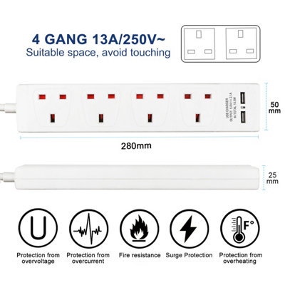 4 Way Socket with Cable 3G1.25,3M,White,with 2 USB Charger,Child ...