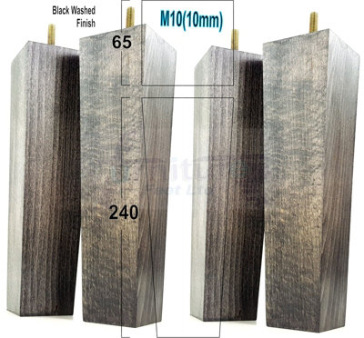 4 Wooden Furniture Legs M10 240mm High Black Wash Replacement Square ...