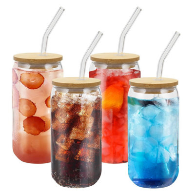 4 X 16oz Can Shaped Glass Cups - Drinking Glasses with Bamboo Lids and ...