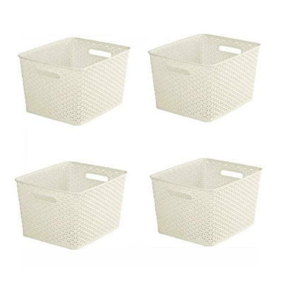 4 x 18L Cream Rattan Effect Storage Basket Tray Large Plastic Curver ...