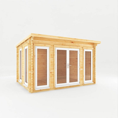 4 X 3 M STUDIO PENT LOG CABIN WITH WHITE UPVC WINDOWS AND DOORS - 44 MM ...