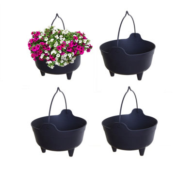 4 x Black Plastic Cauldron Planter Flower Basket With Handle Small ...
