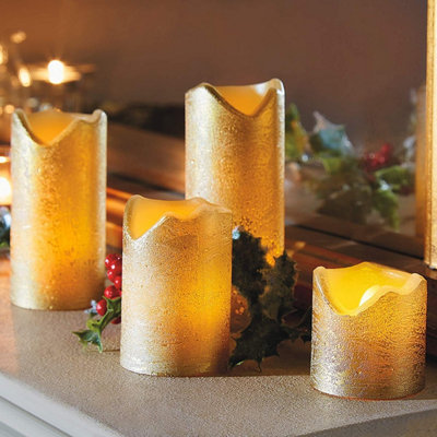 4 x Gold Real Wax LED Pillar Candles - Battery Powered Flickering Light ...