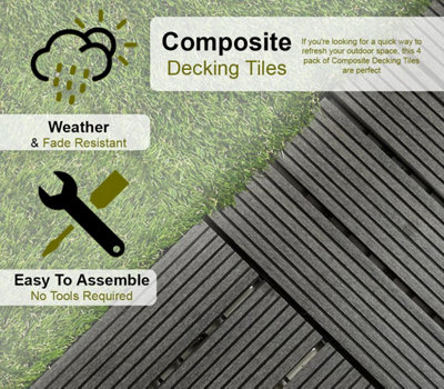4 X Interlocking Non Slip Black Composite Decking Tiles Outdoor