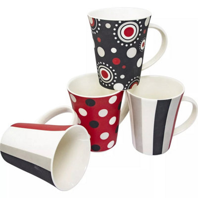 4 X Striped & Dotted Mugs Coffee Tea Drinking Mug Cup Kitchen Ceramic ...