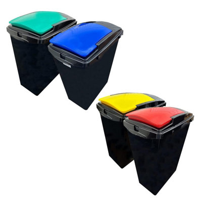 40 Litre Set Of 4 Colour Coded Plastic Waste Recycling Bins With Swing Lids