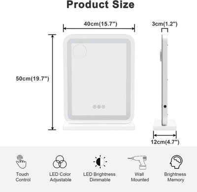 40 x 50 cm LED Hollywood Vanity Mirror with 3 Color Modes Dimmable ...