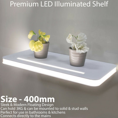 400mm Illuminated LED Floating Shelf Bathroom Kitchen Modern Wall ...