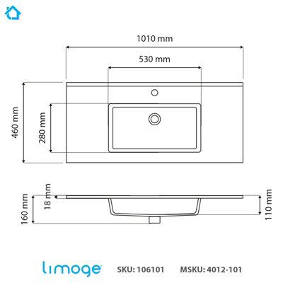 4012 Ceramic 100cm x 45cm Thin-Edge Inset Basin with Rectangular Bowl