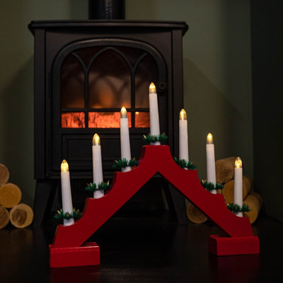 40cm Battery Operated Light up Red Wooden Christmas Candle Bridge with ...