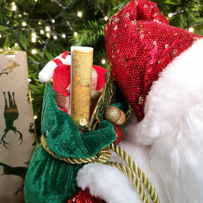 40cm Luxury Traditional Standing Red Sequin Santa with Sack Christmas ...