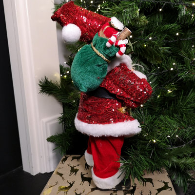 40cm Luxury Traditional Standing Red Sequin Santa with Sack Christmas ...
