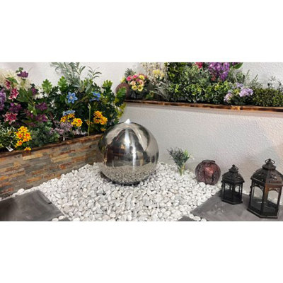 40cms Stainless Steel Sphere Solar Powered Water Feature With Cover