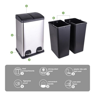 40L Compartment Recycling Bin Kitchen Pedal Dust Bin Removable ...