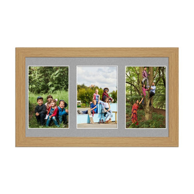 40X20CM Light Oak Modern Multi Photo Frame with Silver Mount - Holds 3 ...