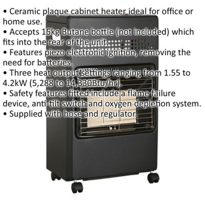 4200W Ceramic Cabinet Gas Heater - 3 Heat Settings - Hose & Regulator