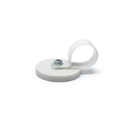 43mm dia x 6mm high Rubber Coated Cable Holding Magnet With 25.4mm Cable Clip (White) - 8kg Pull ...