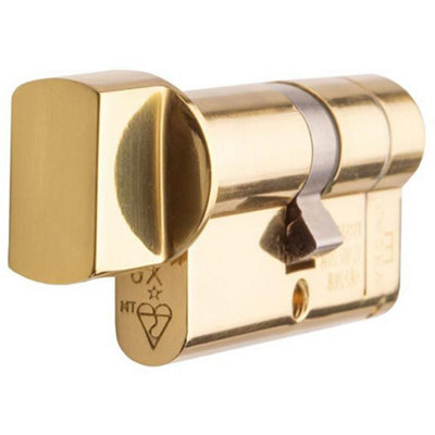 45 / 35mm EURO Offset Cylinder Lock & Thumb Turn - 6 Pin Polished Brass ...