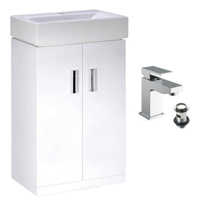 450MM GLOSS WHITE 2 DOOR FLOORSTANDING VANITY BASIN SINK UNIT & CHROME ...