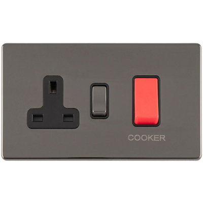 45A DP Oven Cooker Switch & Single 13A Switched Socket SCREWLESS BLACK ...