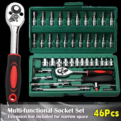 46pc 1/4 inch Drive Ratchet Socket Set Wrench Set with Sockets Metric Hex Bit Socket Set Repair ...