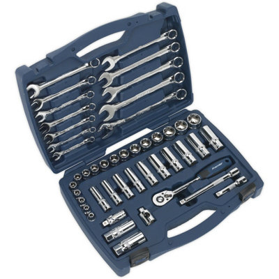 46pc PREMIUM Deep Socket & Ratchet Handle Set - 3/8" Square Drive 6 ...