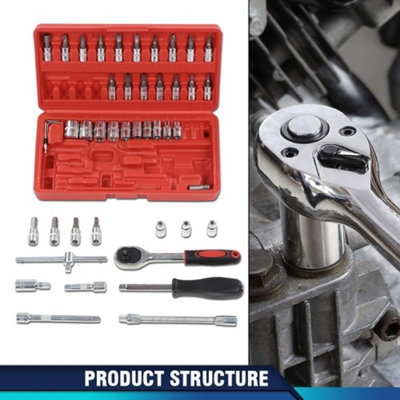 46Pcs Set 1/4" Ratchet Wrench Combination Socket Tool Set Kit Auto Car ...