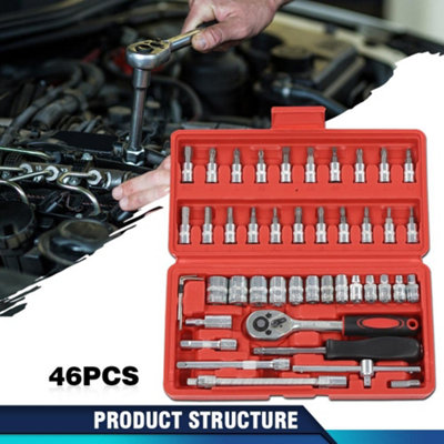 46Pcs Set 1/4" Ratchet Wrench Combination Socket Tool Set Kit Auto Car Repair Tool