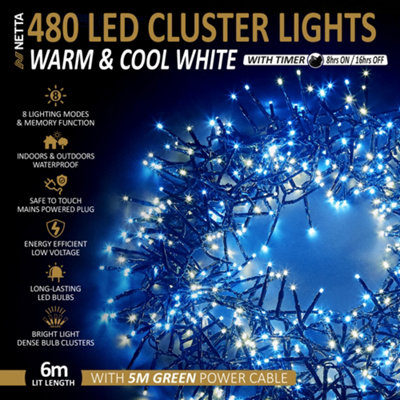 480 LED Cluster String Lights 6M Indoor/Outdoor Christmas Lights - Warm ...