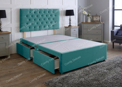 4FT Green Plush Small Double Divan Bed Base With Headboard 4 Drawers