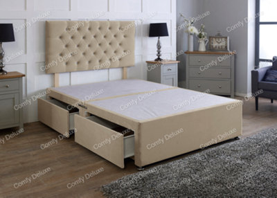 4FT Mink Plush Small Double Divan Bed Base With Headboard 4 Drawers