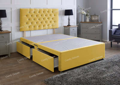 4FT Mustard Plush Small Double Divan Bed Base With Headboard 2 Drawers ...