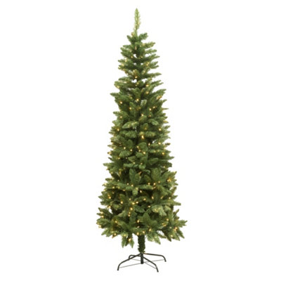 4FT Pre-Lit Warm White LED Green Christmas Slim Pine Narrow Tree With ...