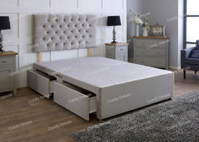 4FT Silver Plush Small Double Divan Bed Base With Headboard 2 Drawers ...