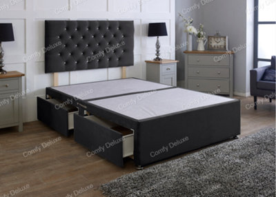 4FT6 Black Plush Double Divan Bed Base With Headboard 2 Drawers Same Side