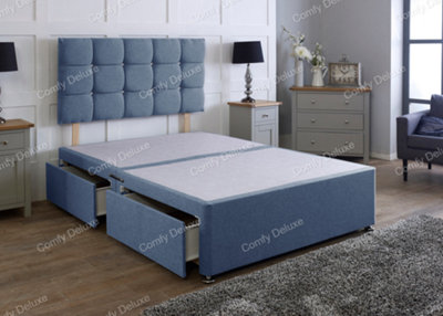 4FT6 Blue Linen Double Divan Bed Base With Headboard 2 Drawers Same Side