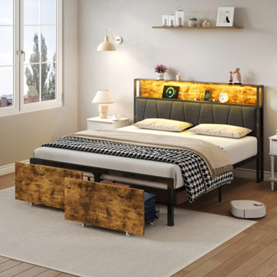 4ft6 Double Bed Metal Frame with 2 Storage Drawers, RGB LED Storage ...