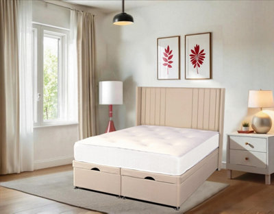 4FT6 Double Beige Plush Divan Bed Set: 48" Wing Headboard, 10" Spring ...