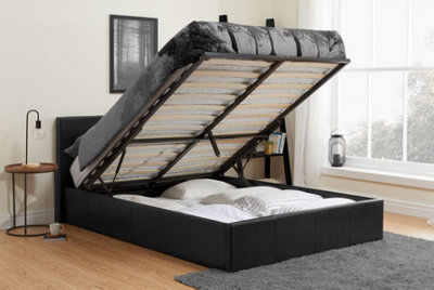 4ft6 Double Black Faux leather Ottoman gas lift up ottoman storage bed ...