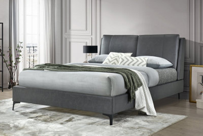 4ft6 Double Faux Leather Upholstered Grey Pillow Back Padded Bed Frame