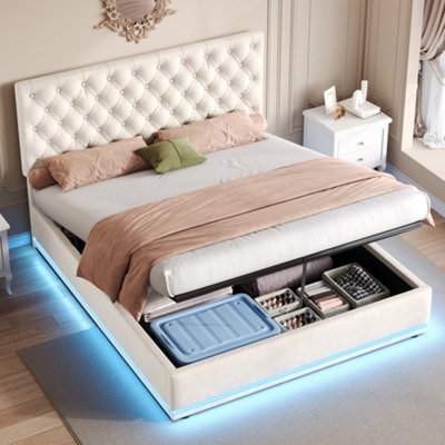 4FT6 Double Ottoman Bed Frame with LED Lighting, Velvet Adjustable ...