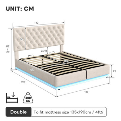 4FT6 Double Ottoman Bed Frame with LED Lighting, Velvet Adjustable ...